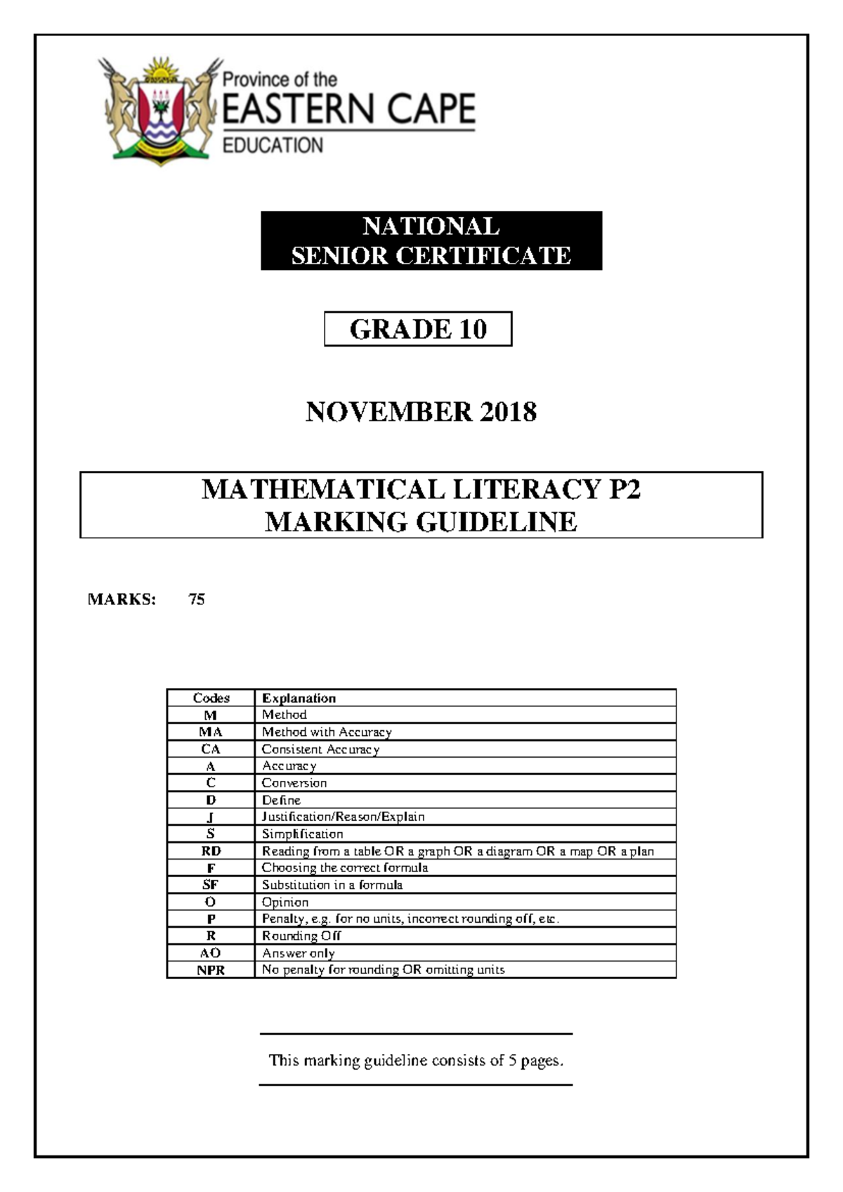 Mathematical Literacy P2 Grade 10 Memo Nov 2018 - Marking Guidelines ...