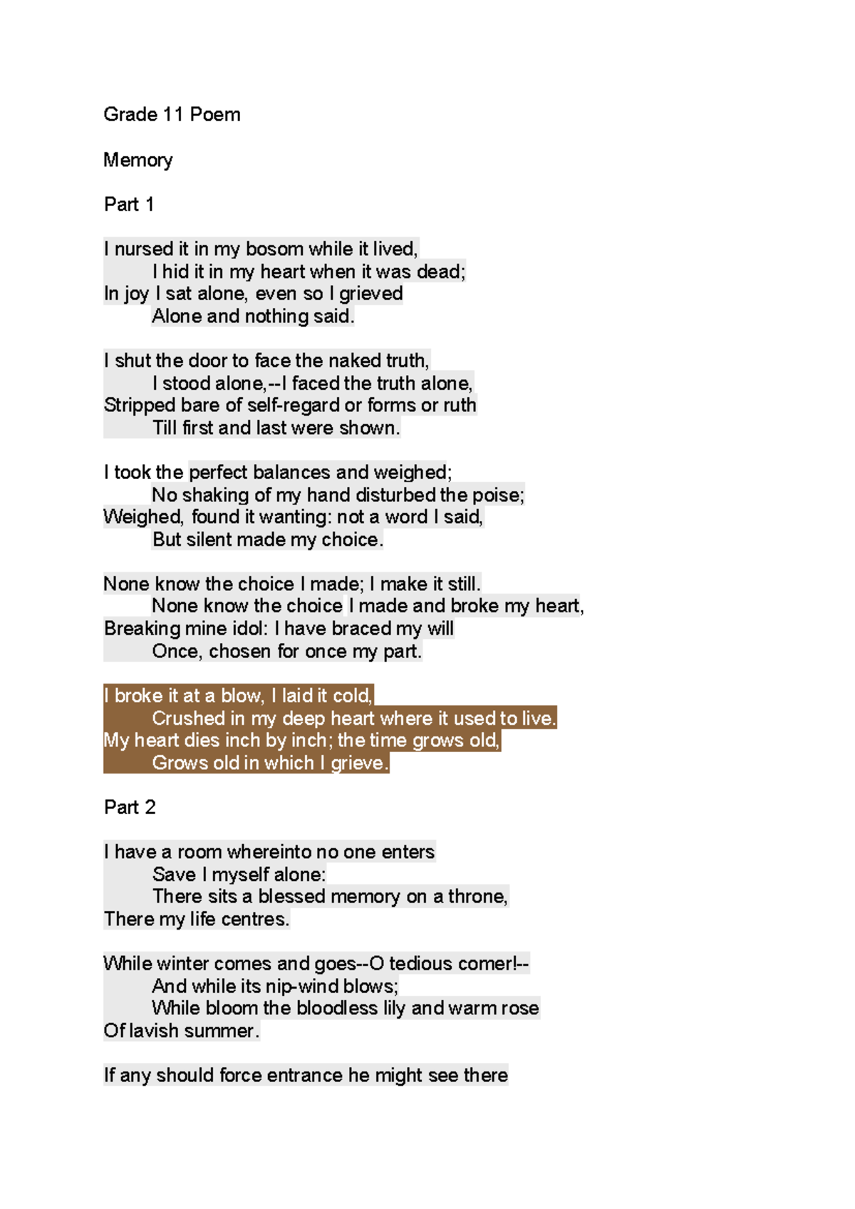 Grade 11 Poem Analysis and Memory Questions - Studocu