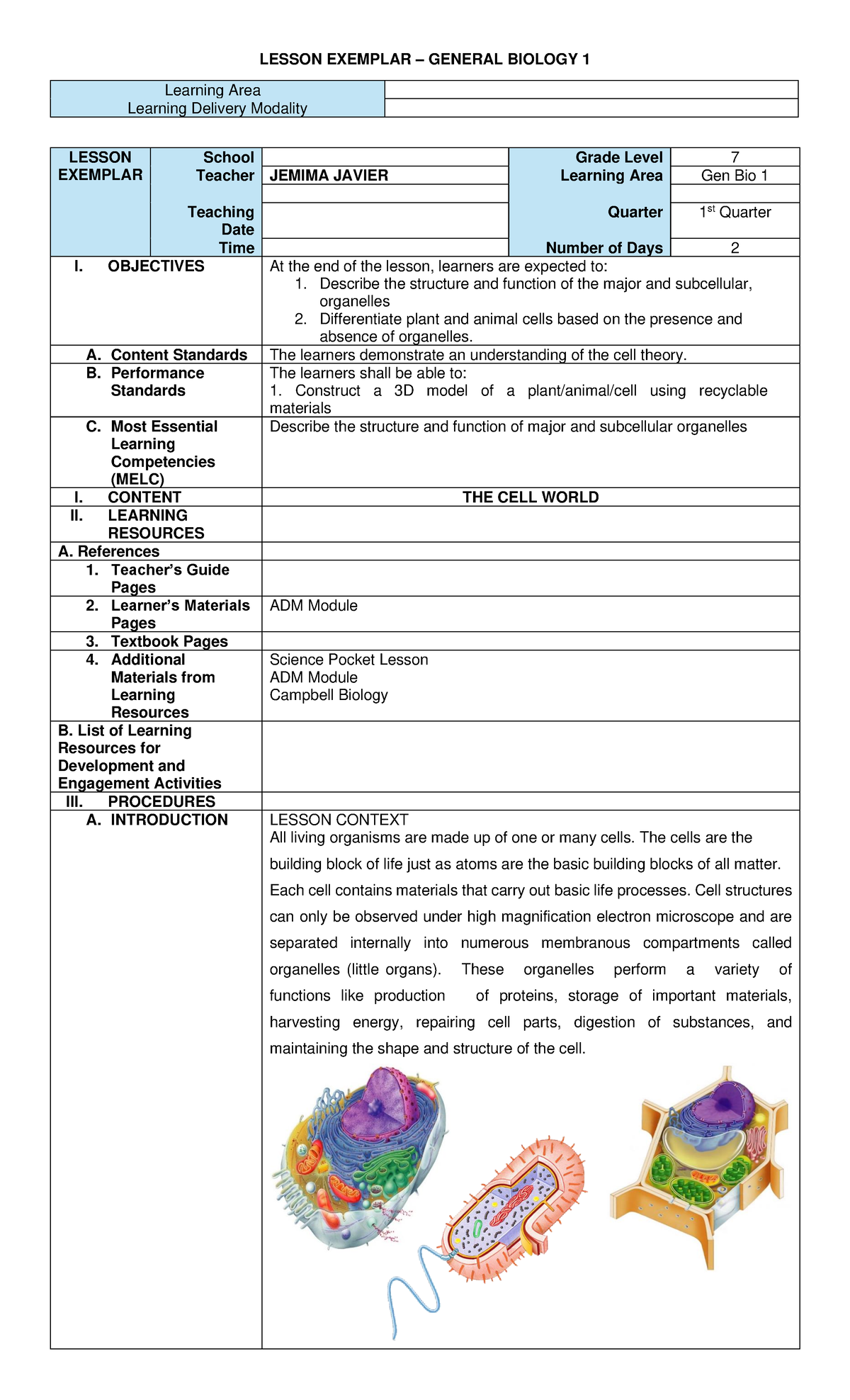 Lesson Exemplar: Understanding Cell Structures in Gen Bio 1 - Studocu