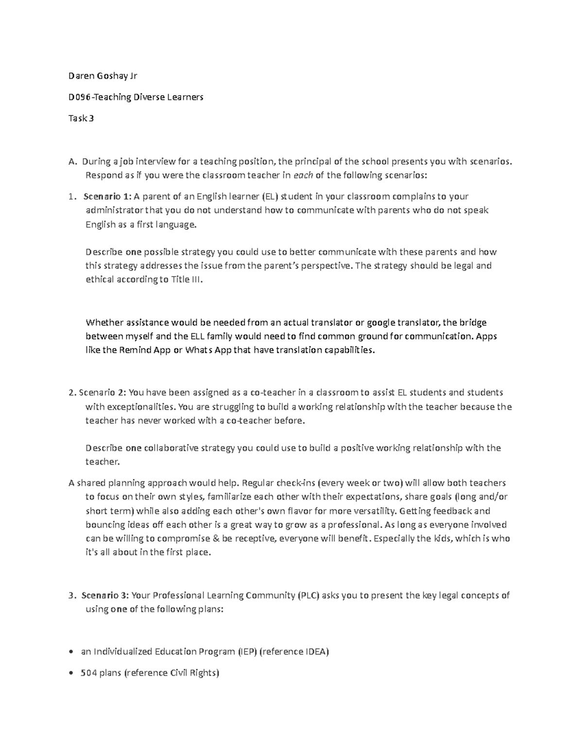 D096-Teaching Diverse Learners - Task 3 Scenarios & Strategies - Studocu