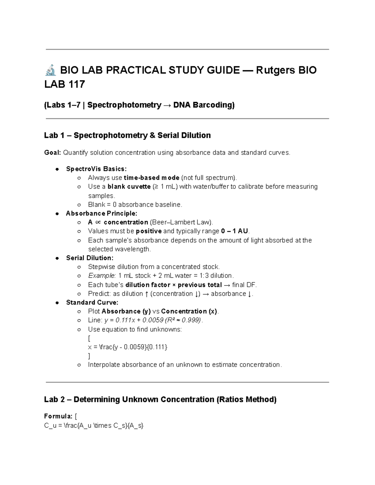 🔬 BIO LAB 117 Practical Study Guide: Spectrophotometry & DNA Barcoding ...