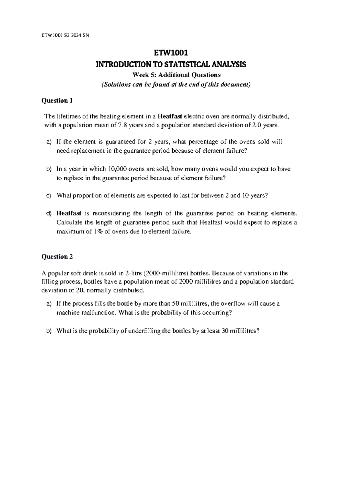ETW1001 S2 2024 SN: Week 5 Extra Questions on Statistical Analysis ...