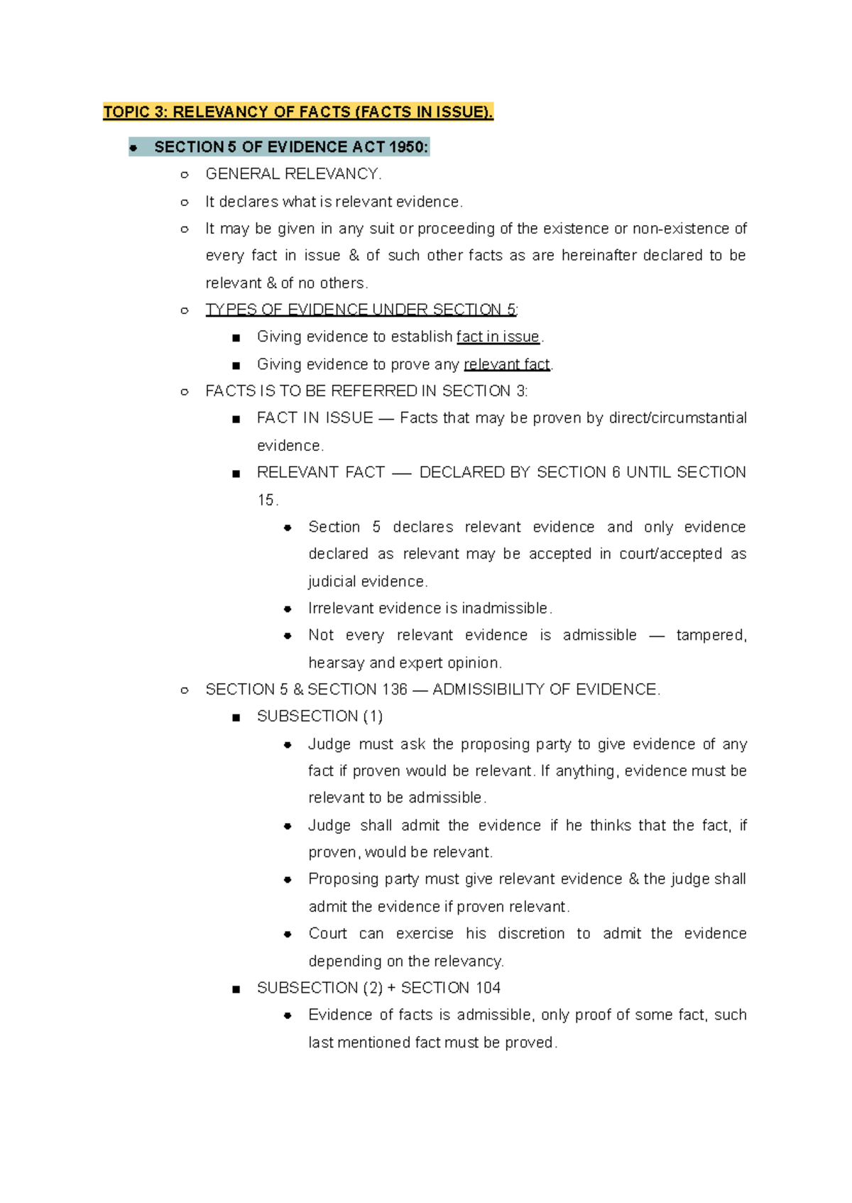 EVIDENCE TEST NOTES - TOPIC 3: RELEVANCY OF FACTS (FACTS IN ISSUE ...