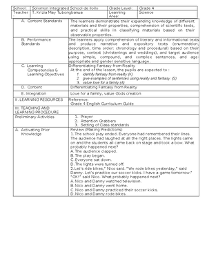 Sample Lesson Plan for Grade 7 with HOTS SOLO Integration - GRADES 1 to ...