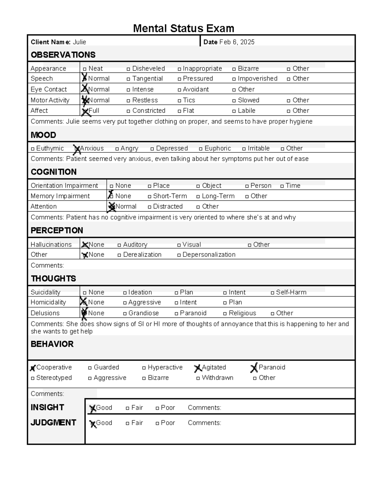 Anxiety MSE - Mental Status Exam - Mental Status Exam Client Name ...