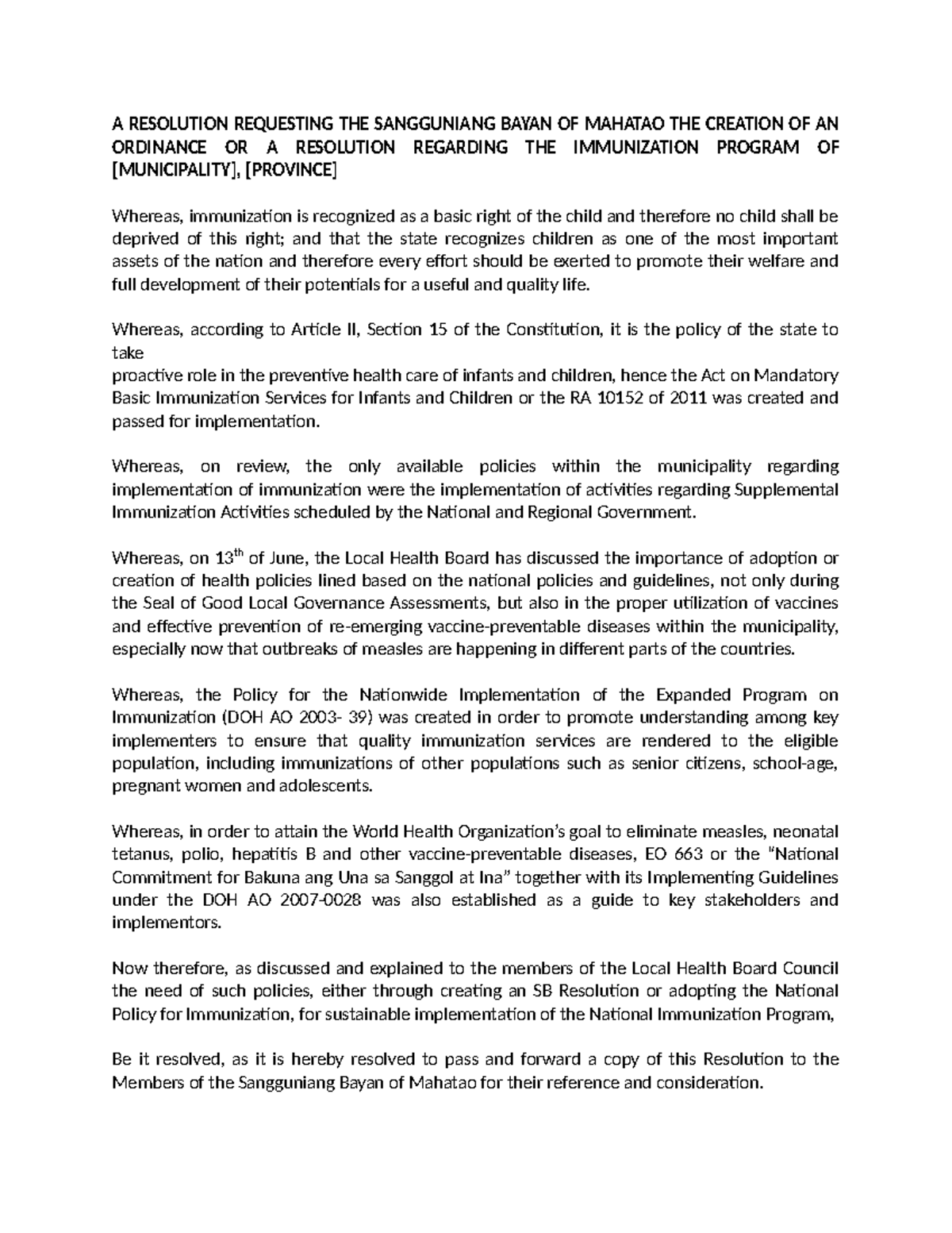 LHB Resolution for Enhanced Immunization Program in Mahatao - Studocu