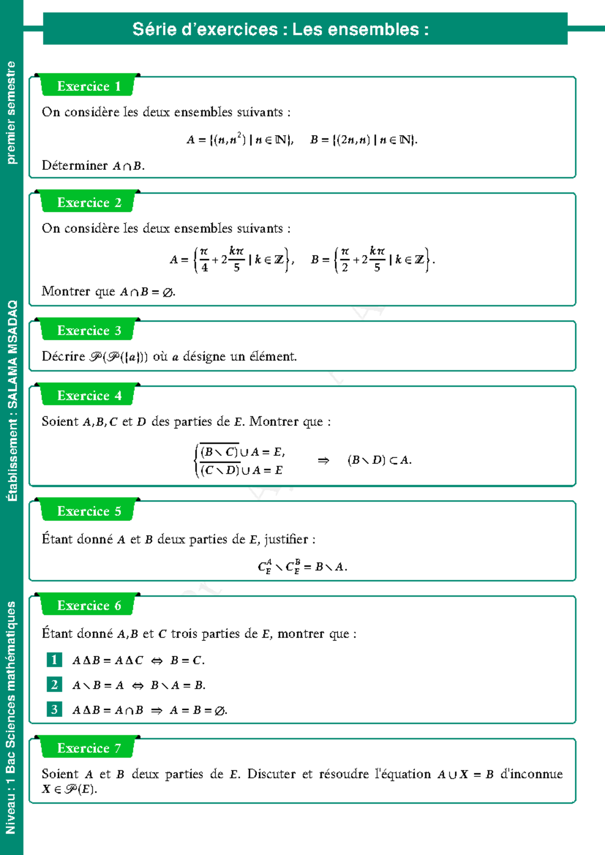 Série 1 - Exercices sur les Ensembles - Mathématiques 1 Bac - Studocu