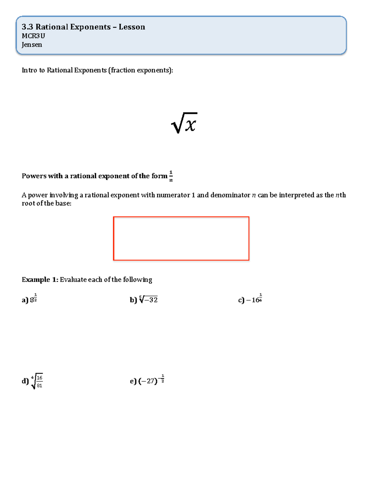 MCR3U Rational Exponents Lesson: Understanding Fraction Exponents - Studocu