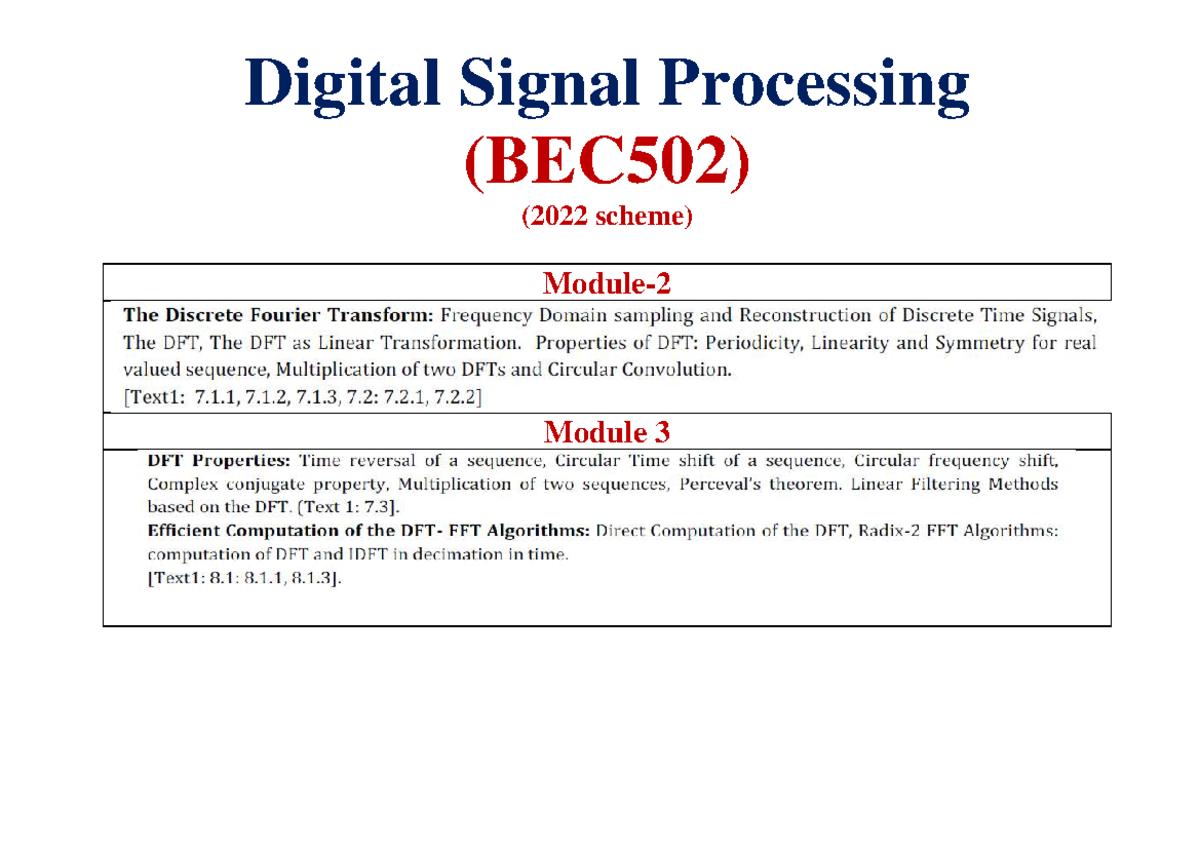 DSP (BEC502) Module 2 & 3: DFT, Circular Convolution, and FFT Algorithms - Studocu
