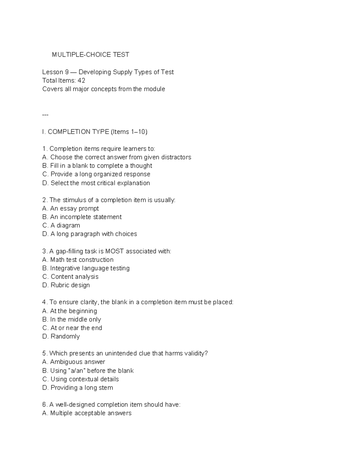 TEST Lesson 9: Sample Practice Test for Assessment in Learning - Studocu