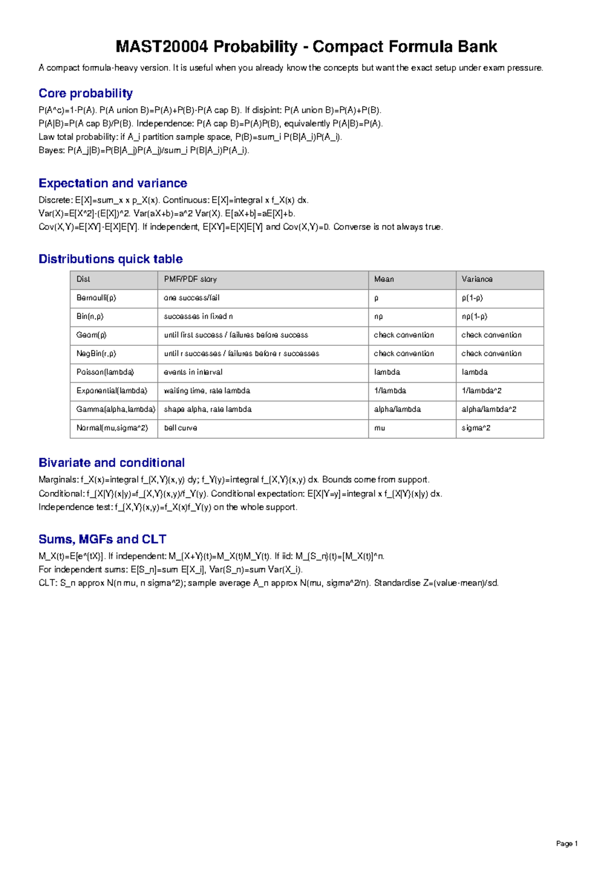 MAST20004 Probability - Essential Formula Bank for Exams - Studocu