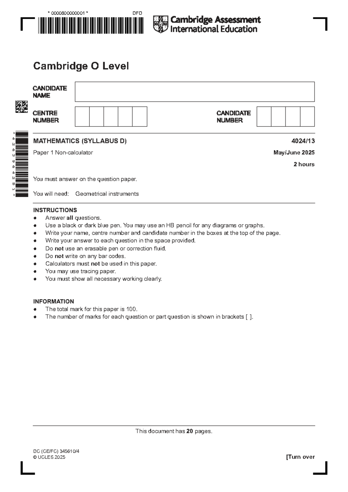 Cambridge O Level 4024 Mathematics Paper 1 (2025) Exam Questions - Studocu