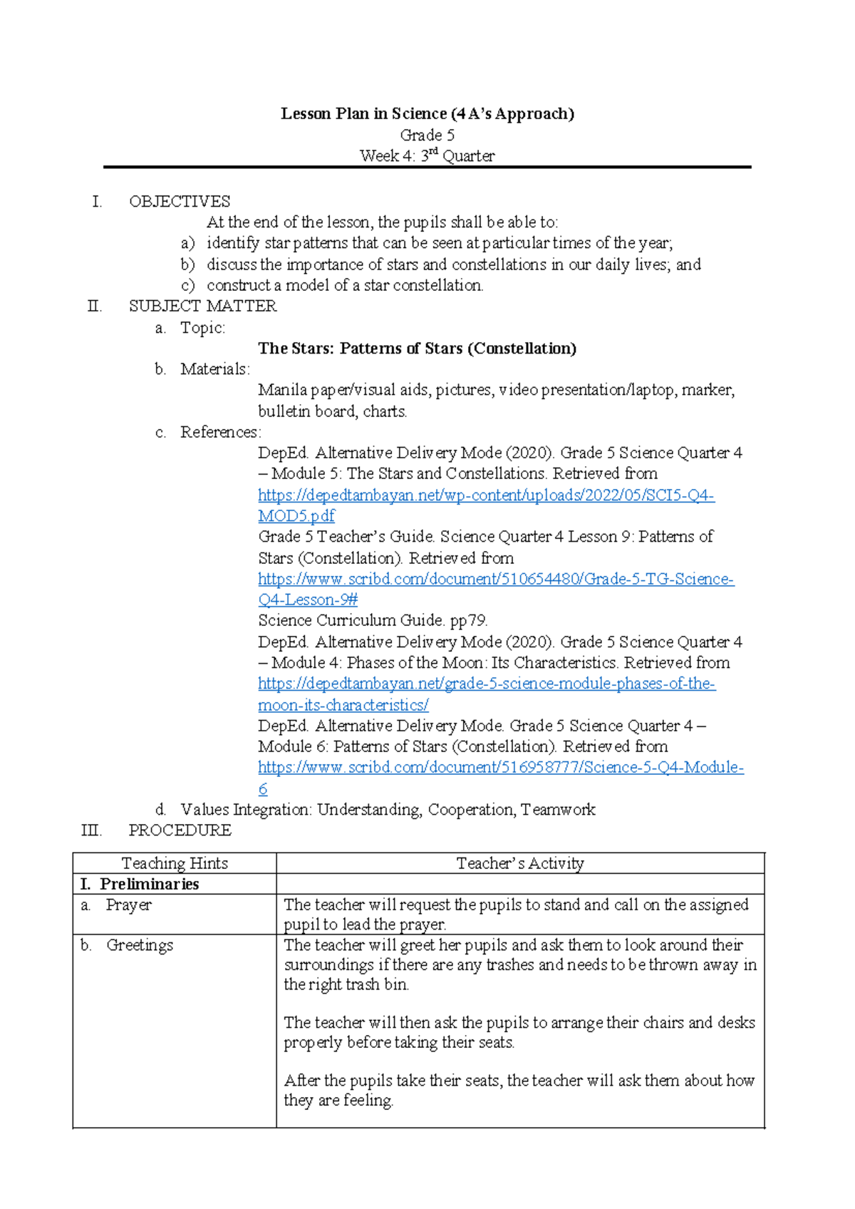 Grade 5 Science Lesson Plan: The Stars (4A's Approach) - Studocu