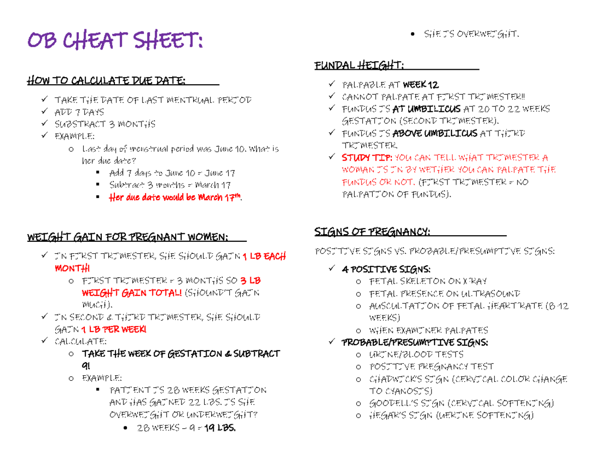 Obcheatsheet - OB CHEAT SHEET: HOW TO CALCULATE DUE DATE: TAKE THE DATE ...