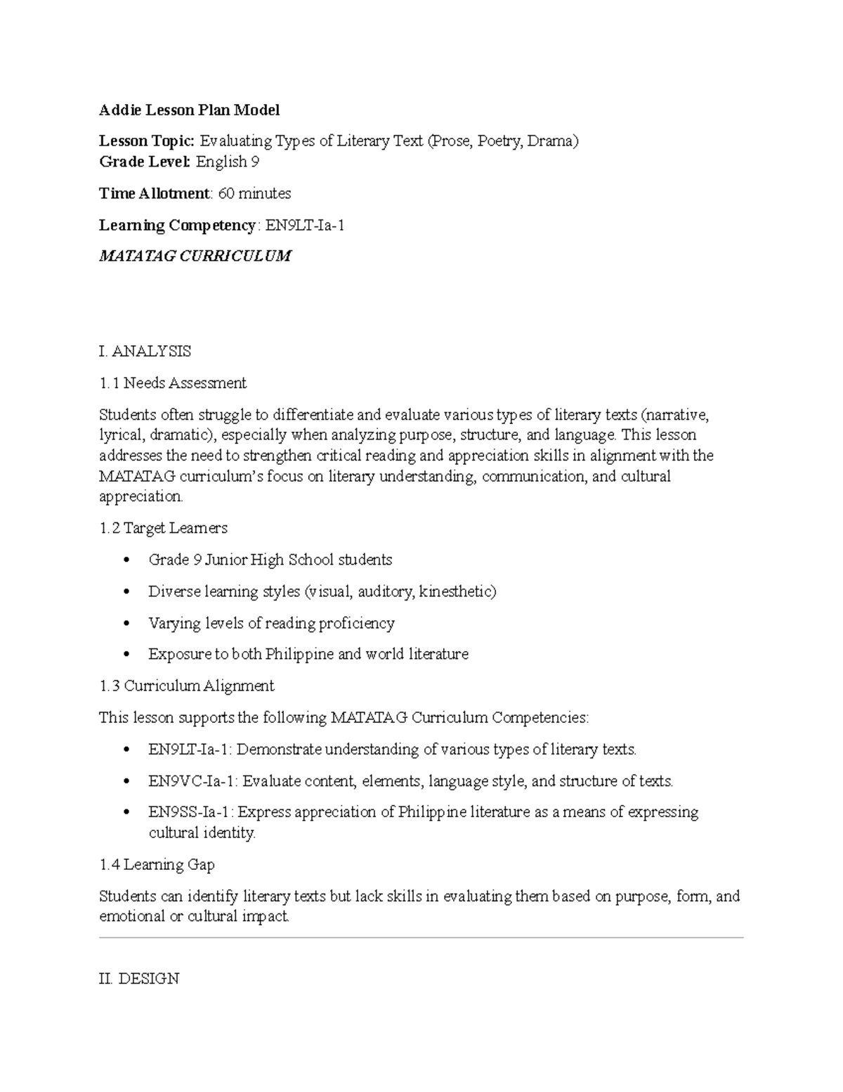 Addie Lesson Plan: Evaluating Literary Texts for English 9 - Studocu