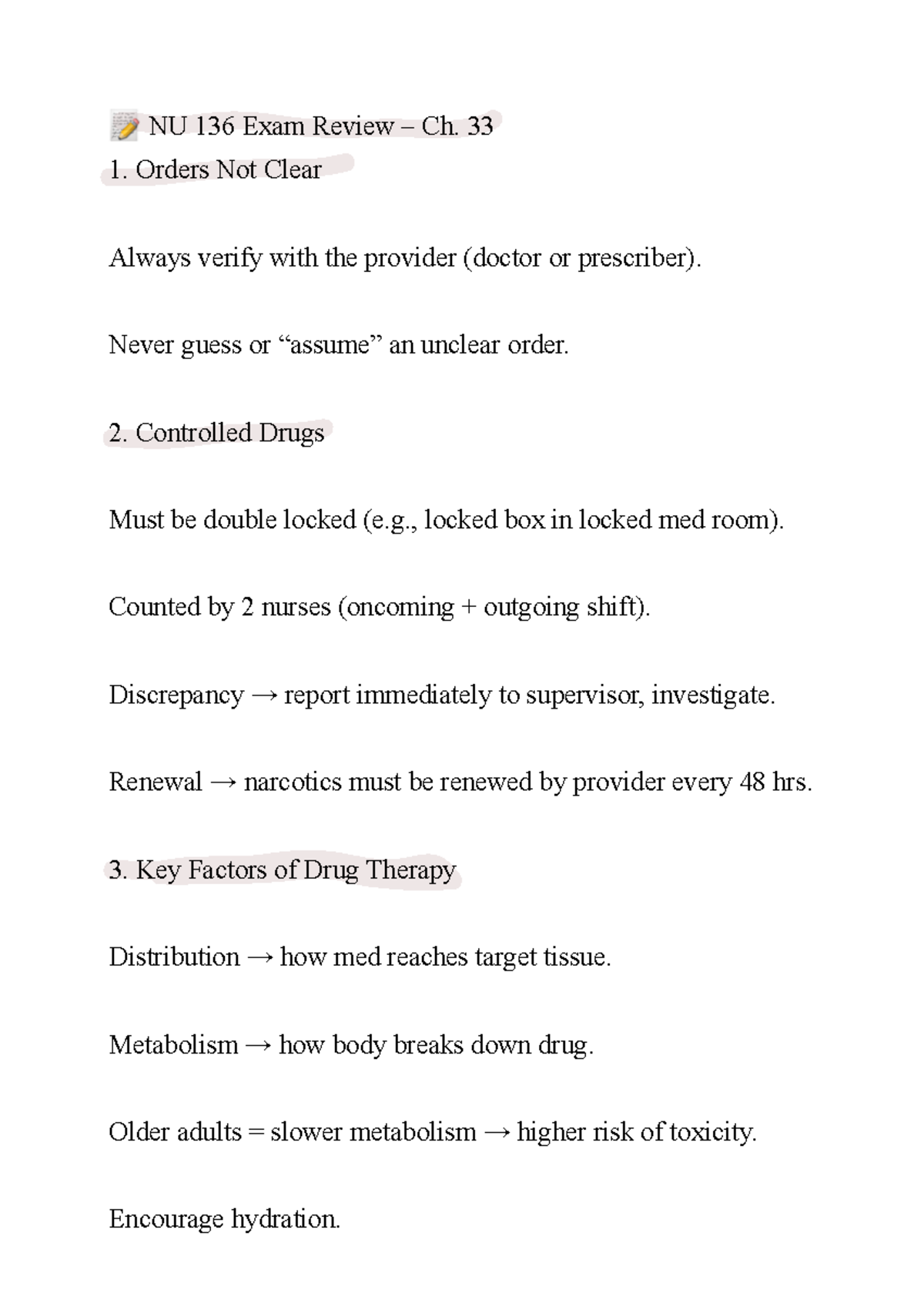 NU 136 Final Exam Review: Key Medication Safety Concepts - Studocu