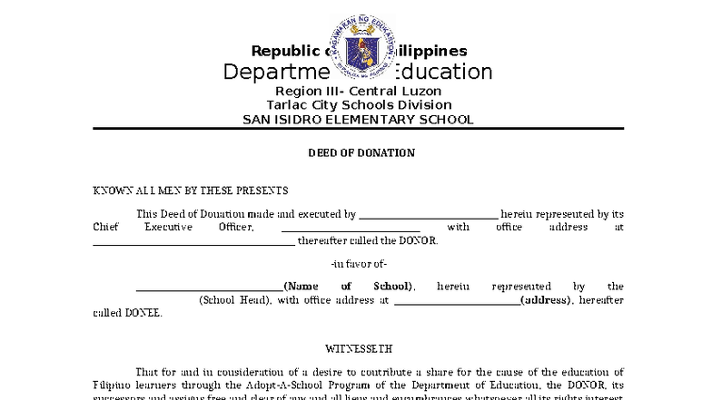 Sample - DEED OF Donation AND Acceptance - Republic of the Philippines ...