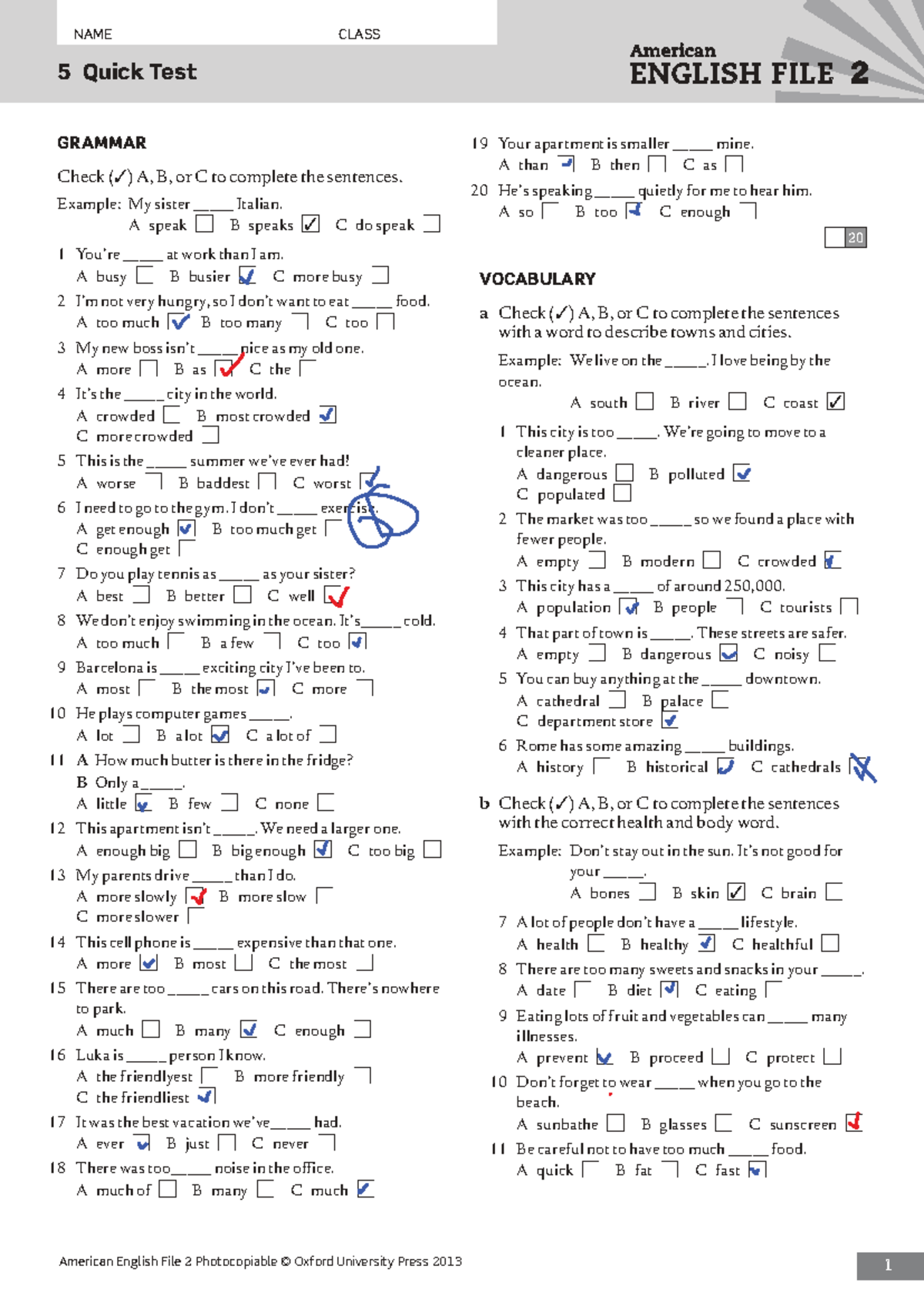 AEF2 American English File 2 Unit 5 Quick Test: Grammar & Vocabulary ...