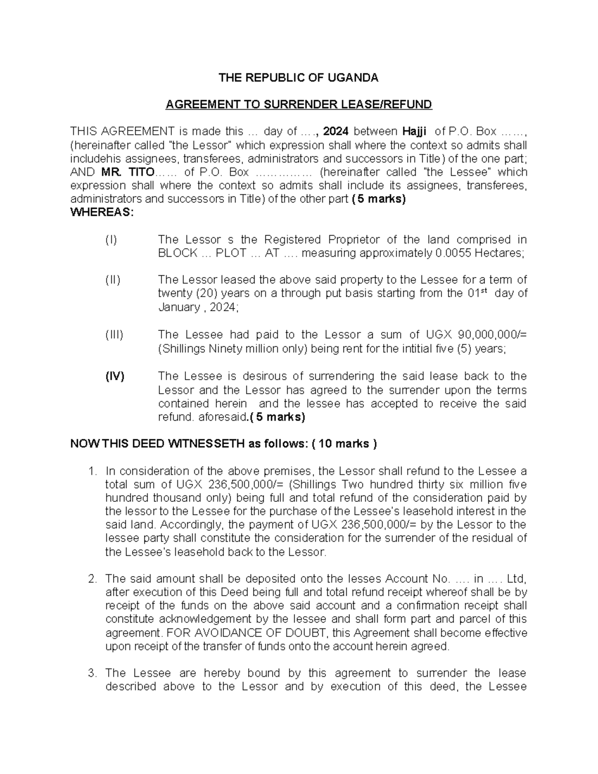 Surrender deed agreement between Hajji and Mr. for leasehold property ...