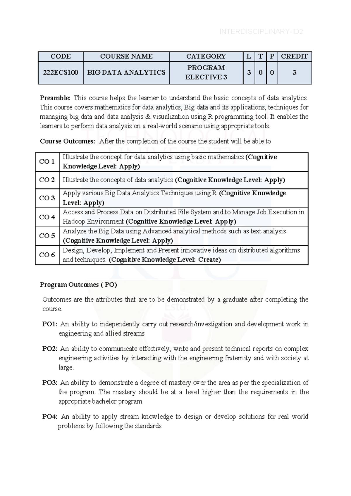 Big Data Analytics Syllabus (Course Code: Elective 3) - Studocu