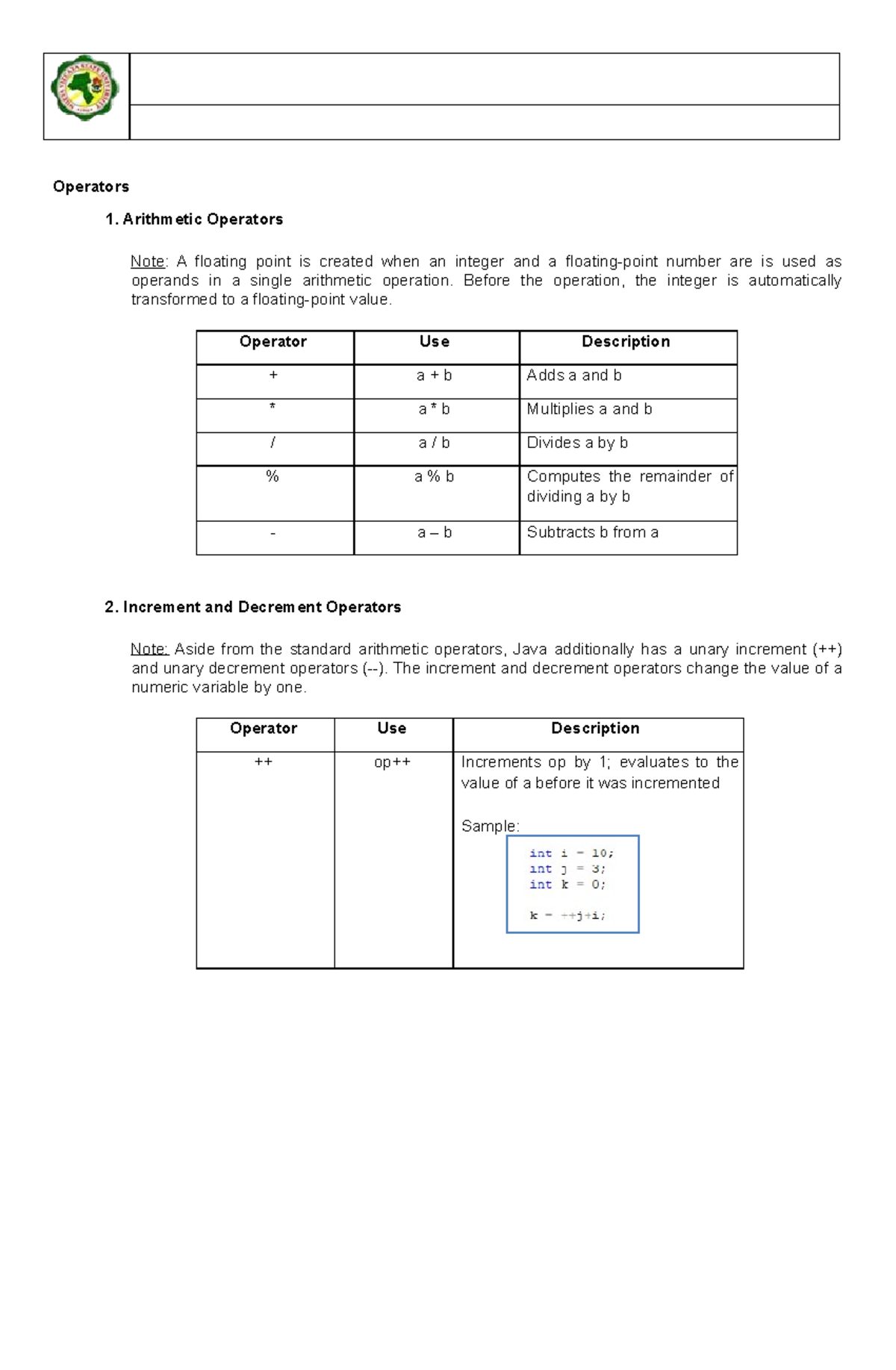 Operators in programming - Operators 1. Arithmetic Operators Note: A ...