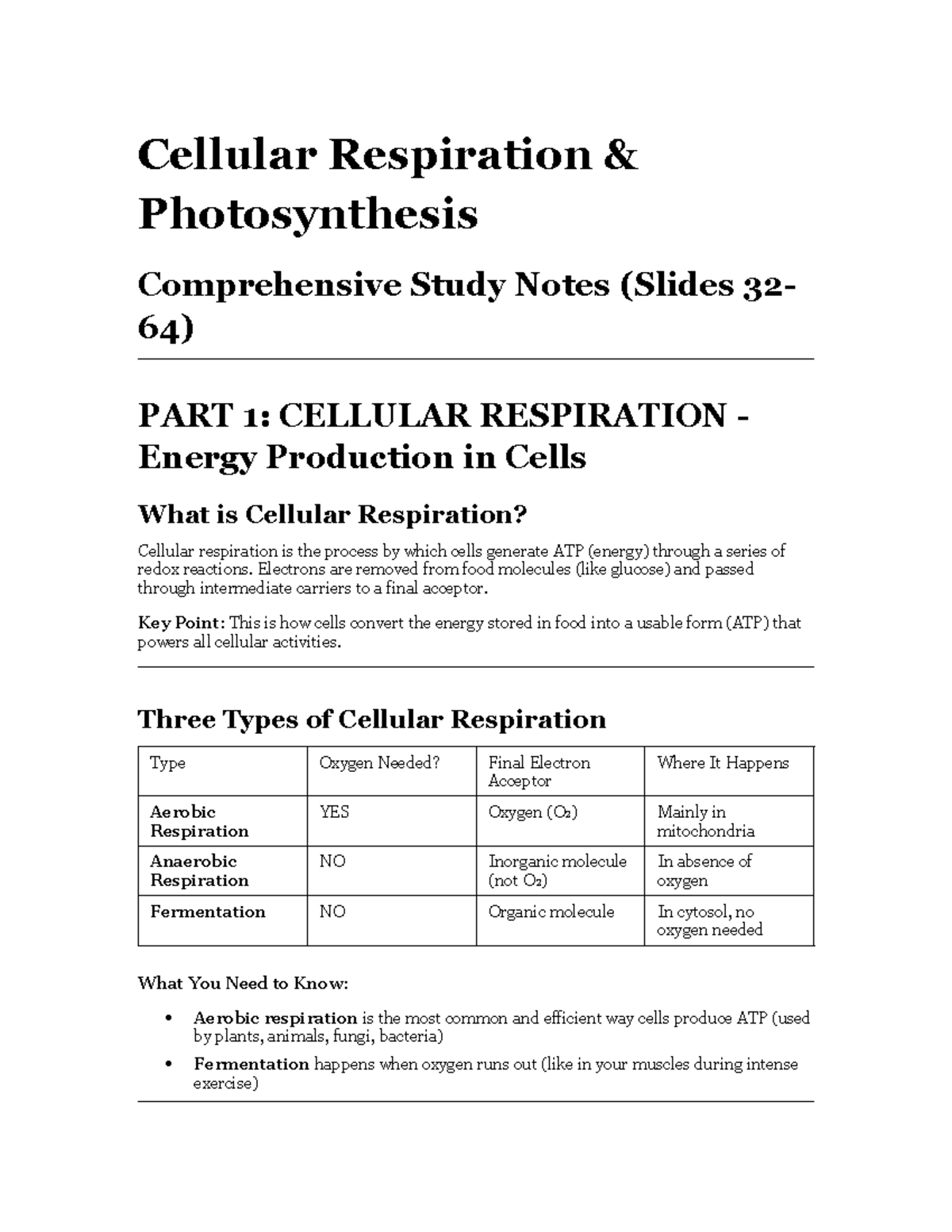 Bioenergetics (BIO 101) Cellular Respiration & Photosynthesis Study ...