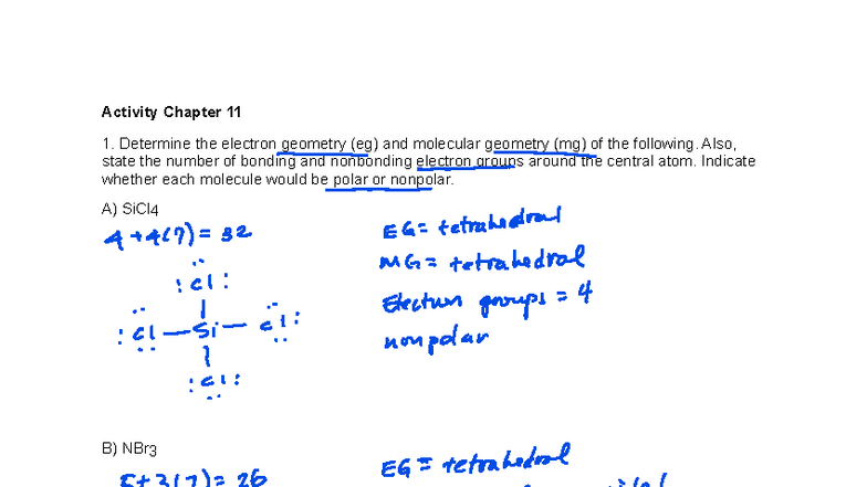 Activity 11 - Chapter 11: Electron & Molecular Geometry Practice - Studocu