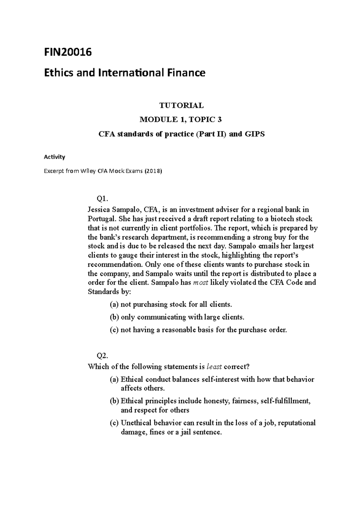 FIN2001 6 Mod1 Topic 3 Tutorial Solution v1 - FIN Ethics and ...