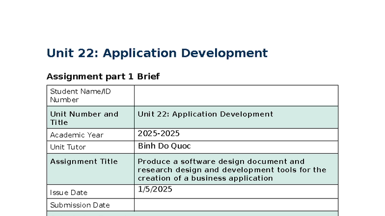 Unit 22: Application Development Assignment Part 1 - Software Design ...