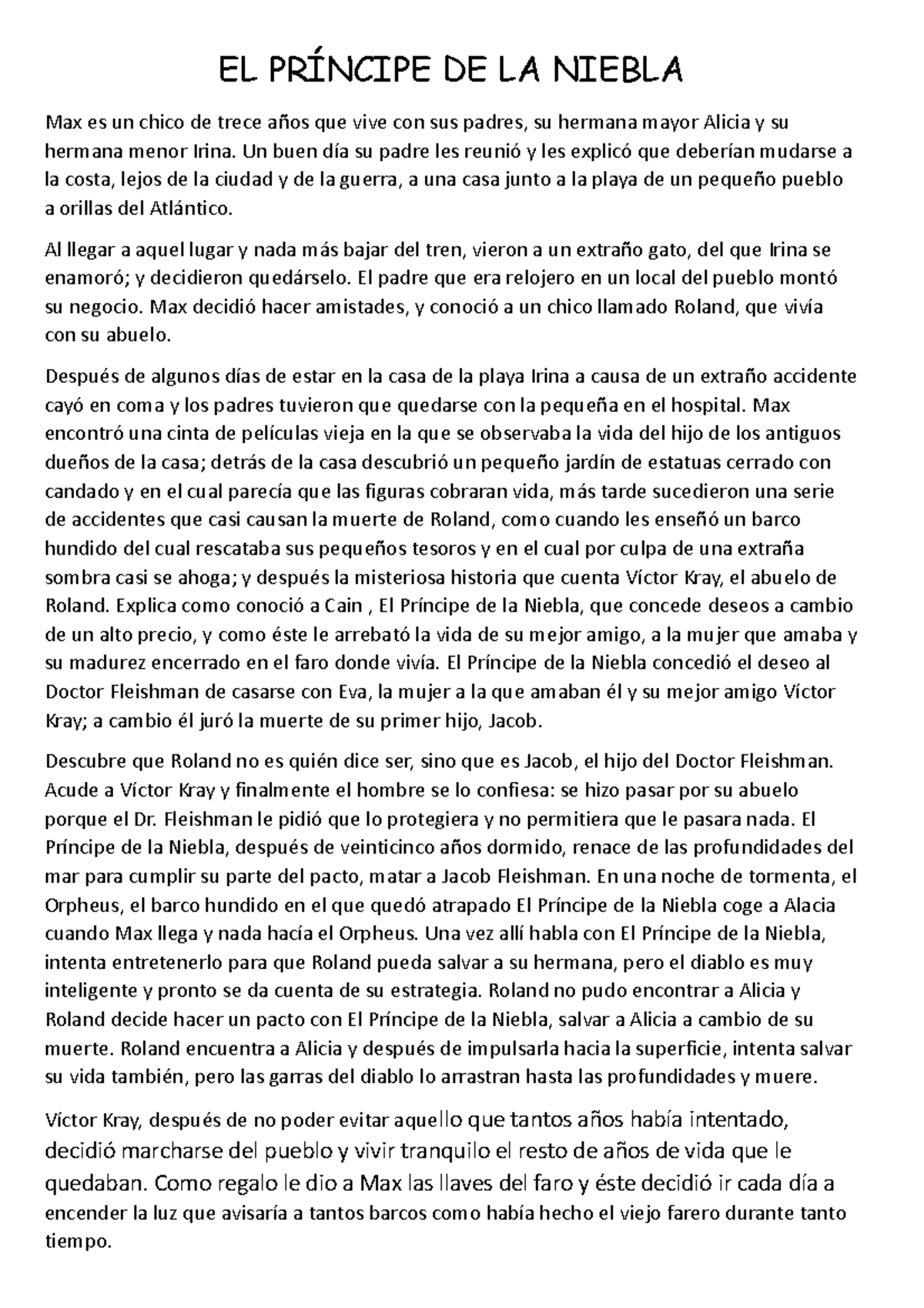 Resumen Libro EL Príncipe DE LA Niebla - EL PRÍNCIPE DE LA NIEBLA Max ...