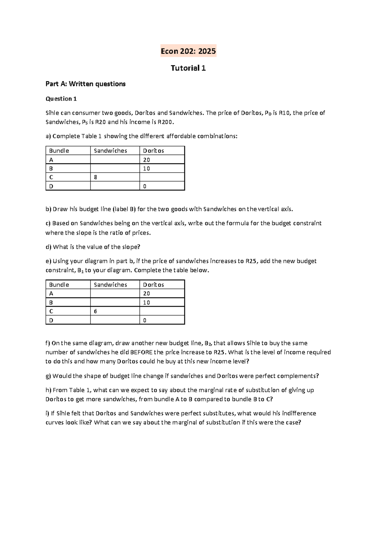 Econ 202: 2025 Tutorial 1 - Written Questions and Budget Constraints ...