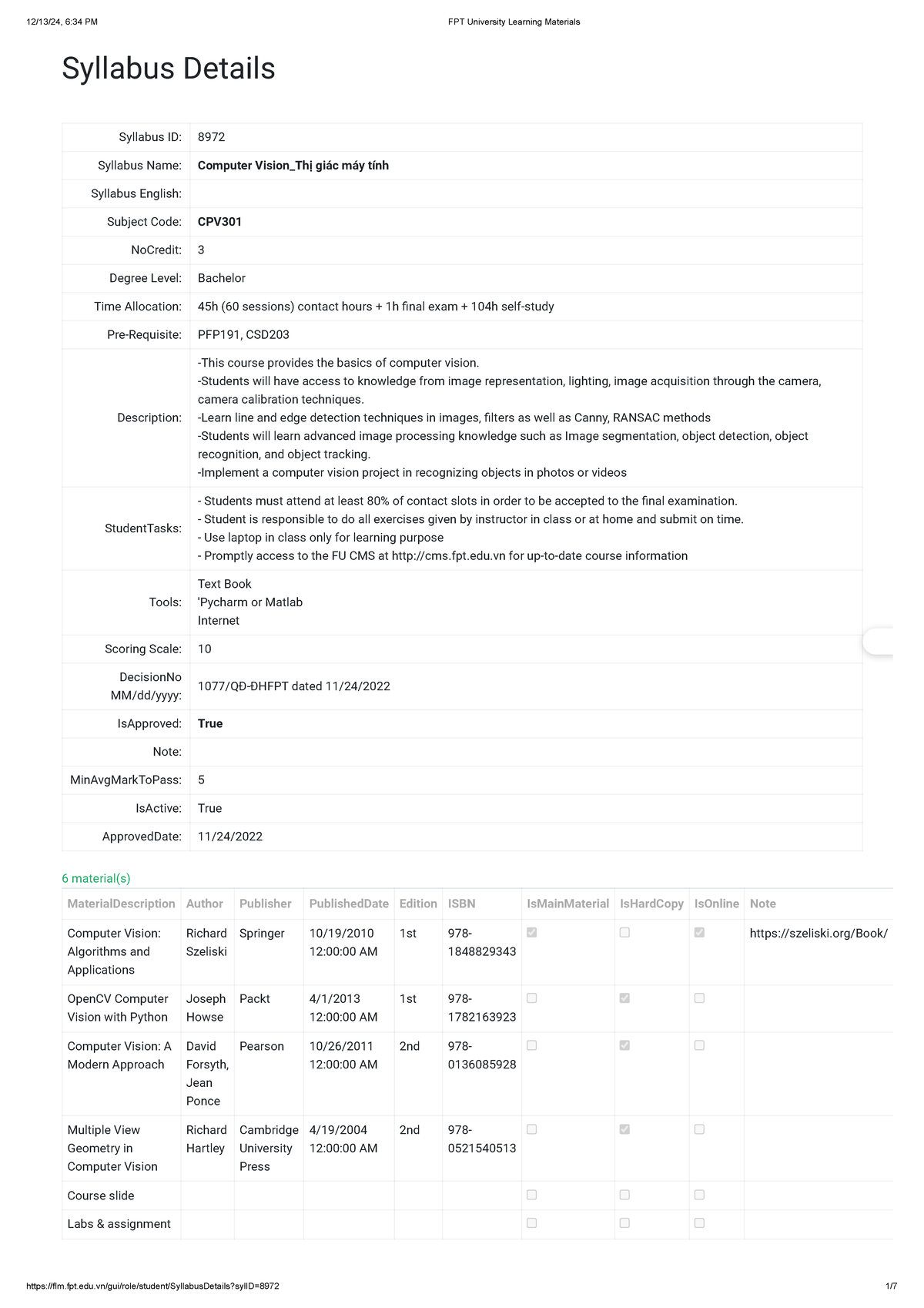 CPV Course Syllabus: Computer Vision Overview and Requirements - Studocu