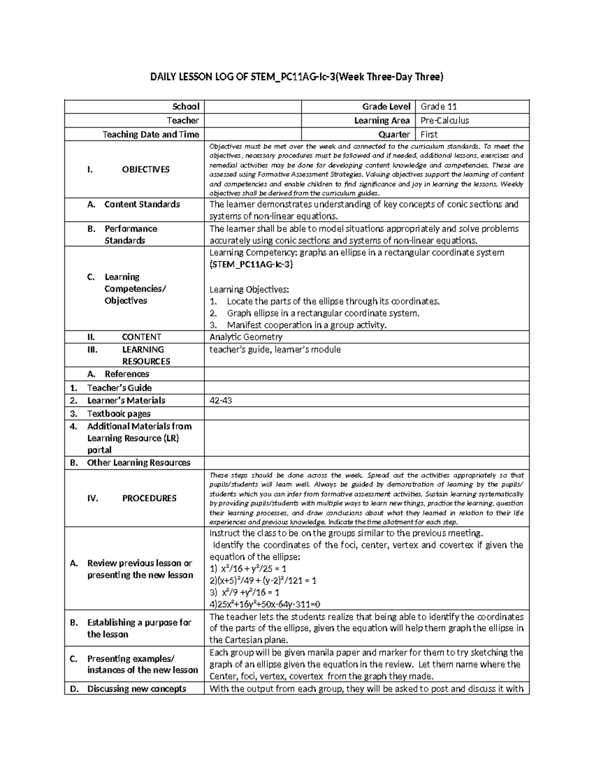 DAILY LESSON LOG: STEM_PC11AG-Ic-3 for Pre-Calculus, Grade 11 - Studocu