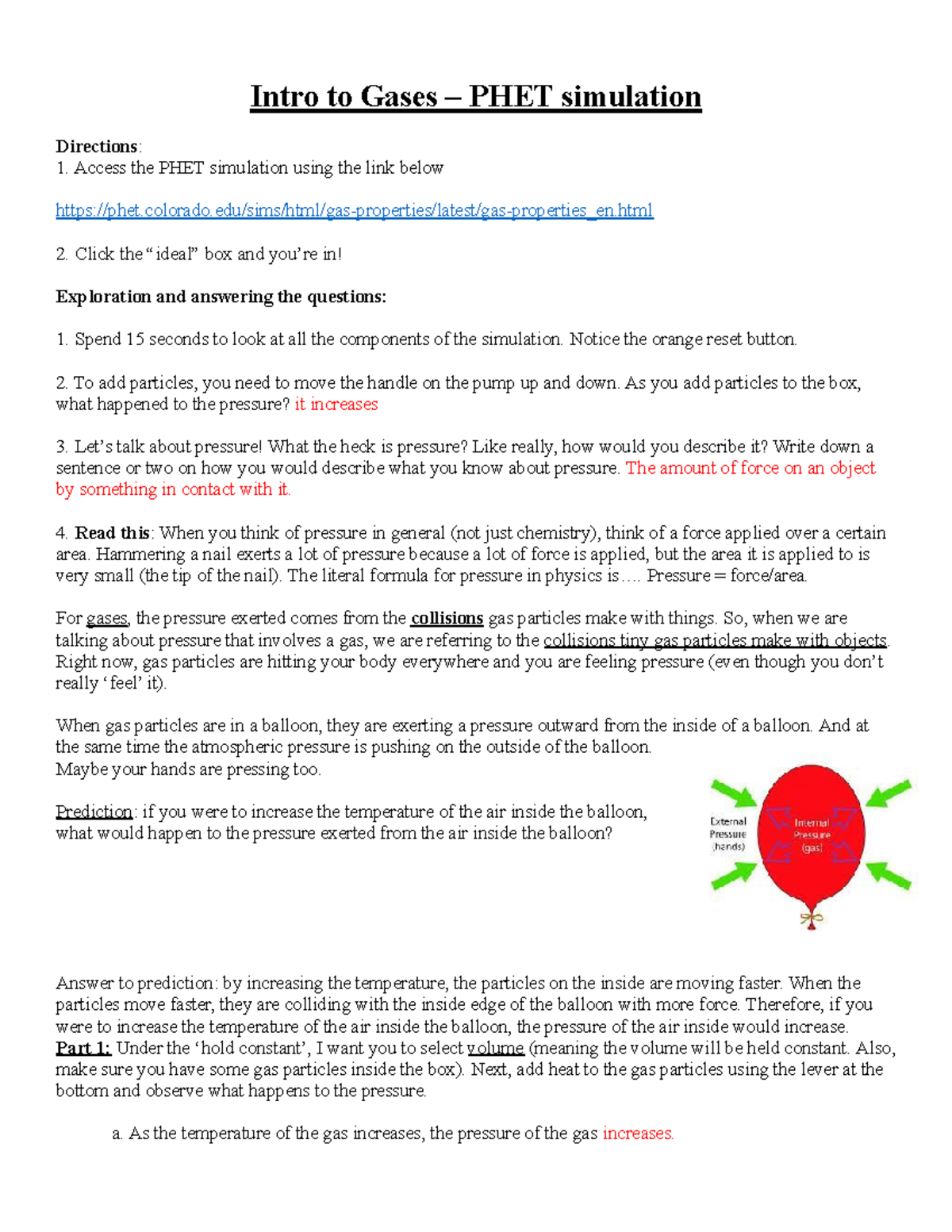 Gas Laws PHET - WS - intro to gases + Charles, Boyles and Gays-Lussac’s ...