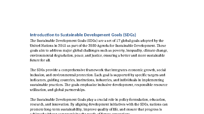 Introduction to SDGs - Sustainable Development Goals Overview - Studocu