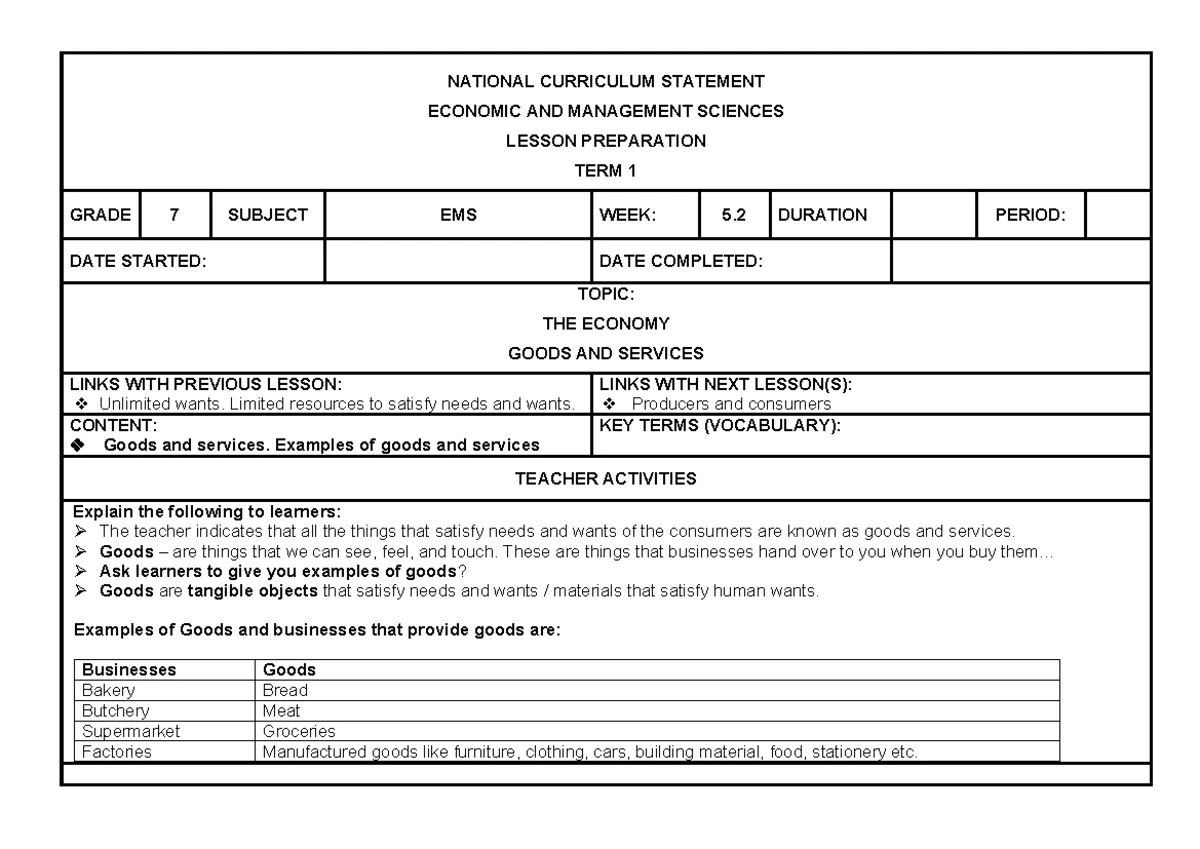 NATIONAL CURRICULUM EMS GRADE 7 LESSON PLAN WEEK 8.1 & 8.2 - Studocu
