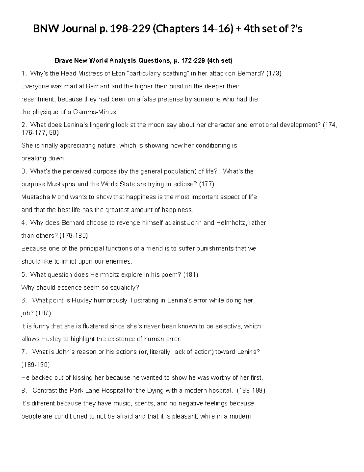 BNW Analysis Questions & Journal Entries: Chapters 14-16 (p. 172-229 ...
