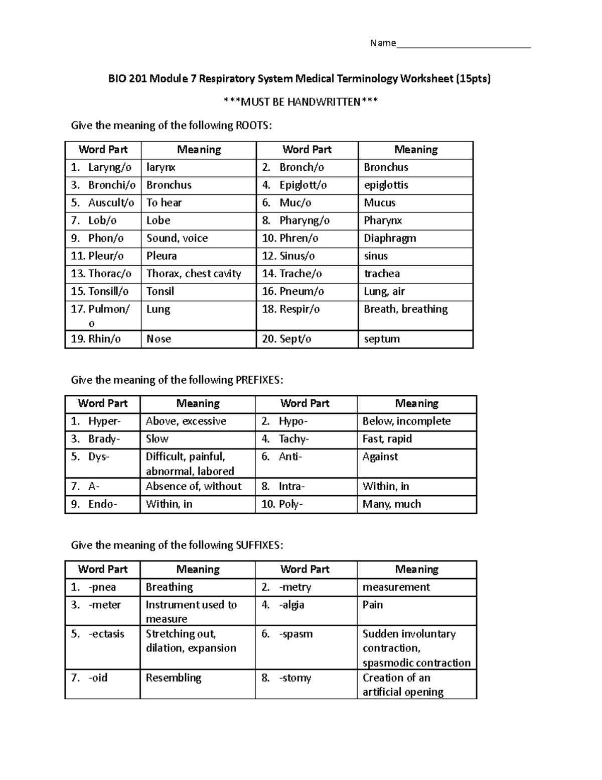 BIO 201 Module 7 Medical Terminology Worksheet: Respiratory System ...