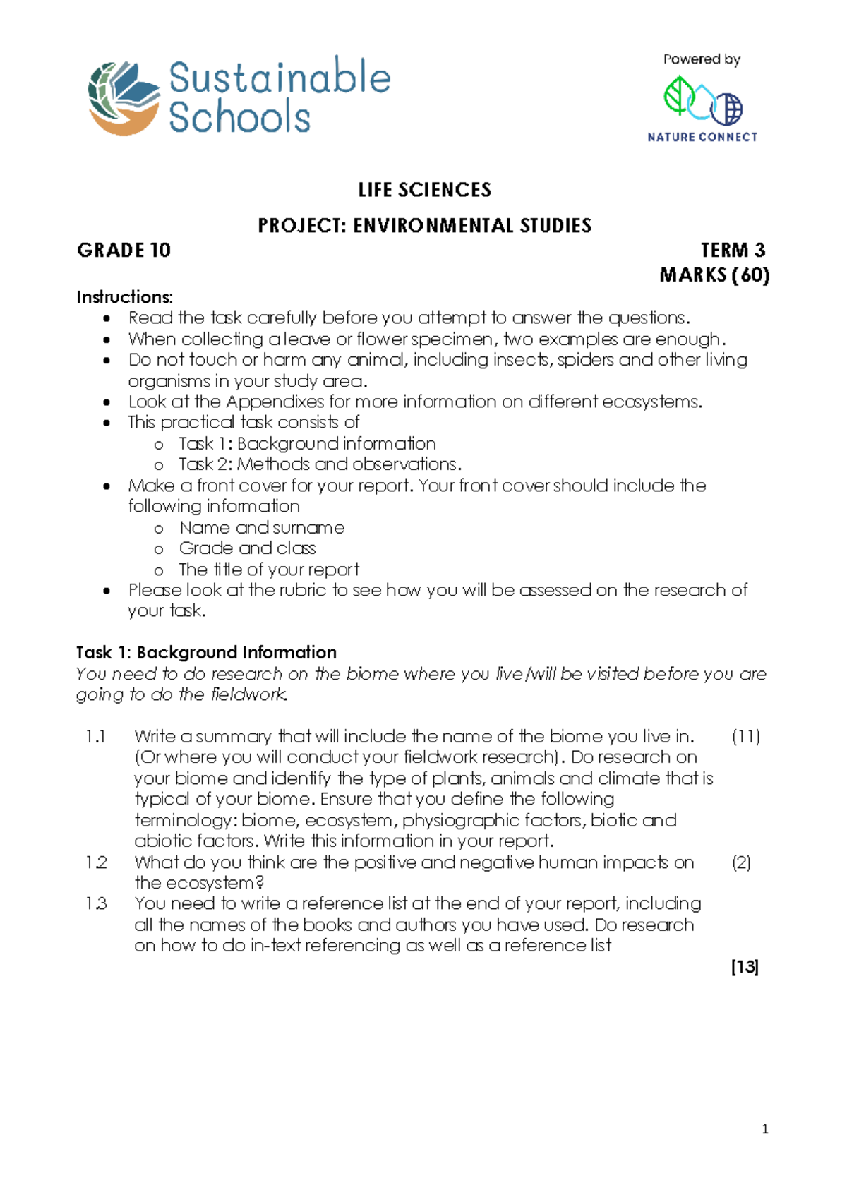 LIFE SCIENCES GRADE 10 T3 PROJECT: ENVIRONMENTAL STUDIES REPORT - Studocu