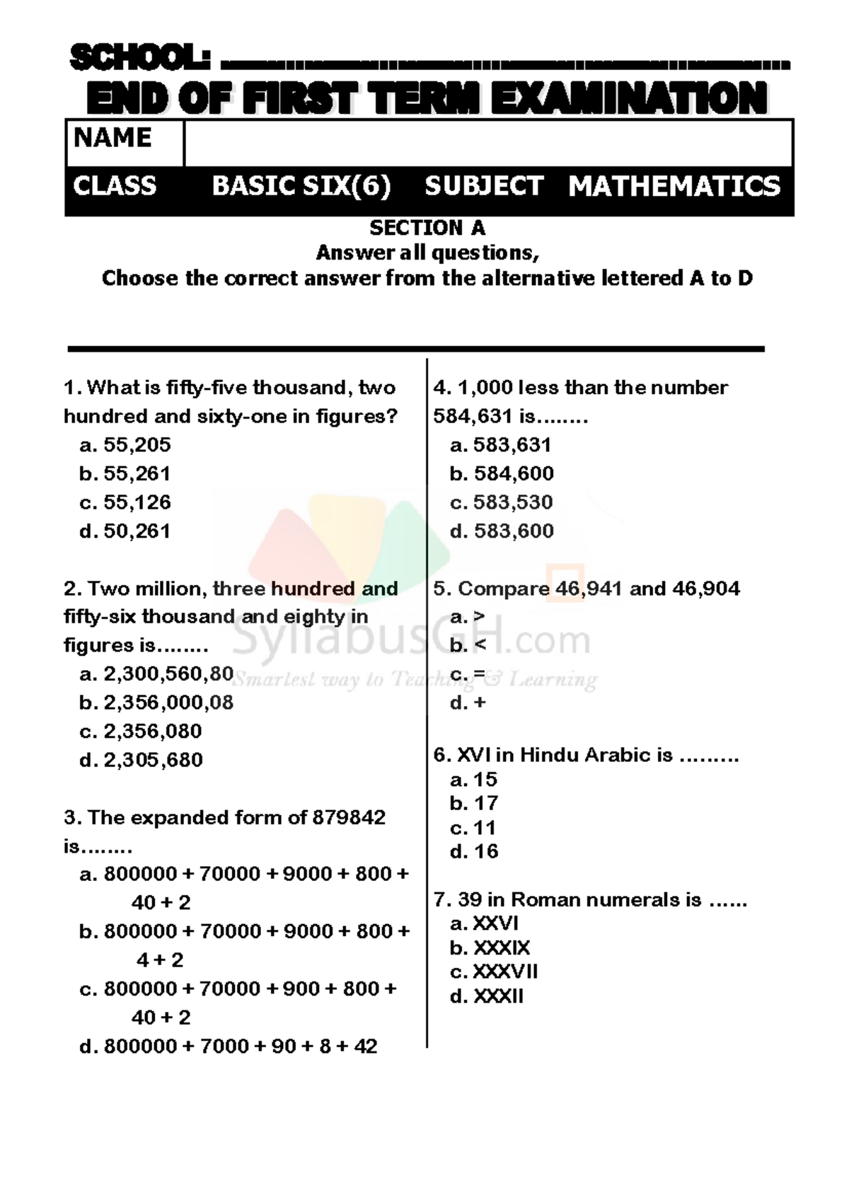 2025 B6 End of Term 1 - Mathematics Section A Quiz - Studocu