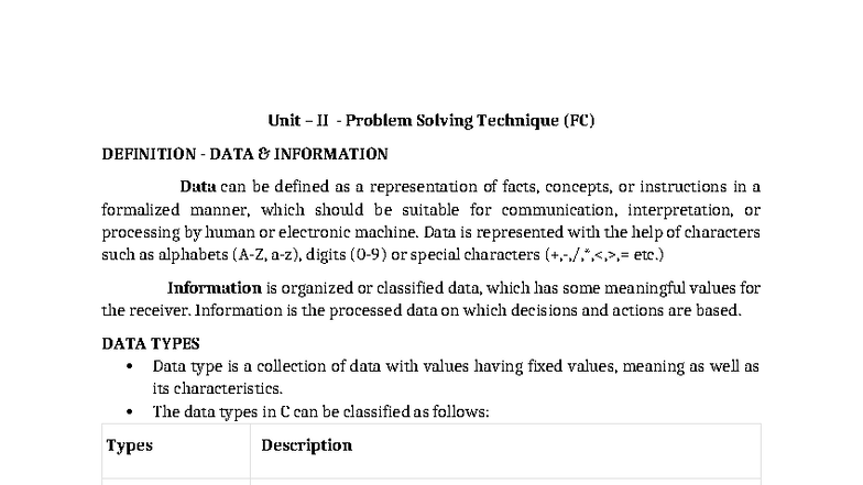 FC Unit II - Problem Solving Techniques and Data Types - Studocu