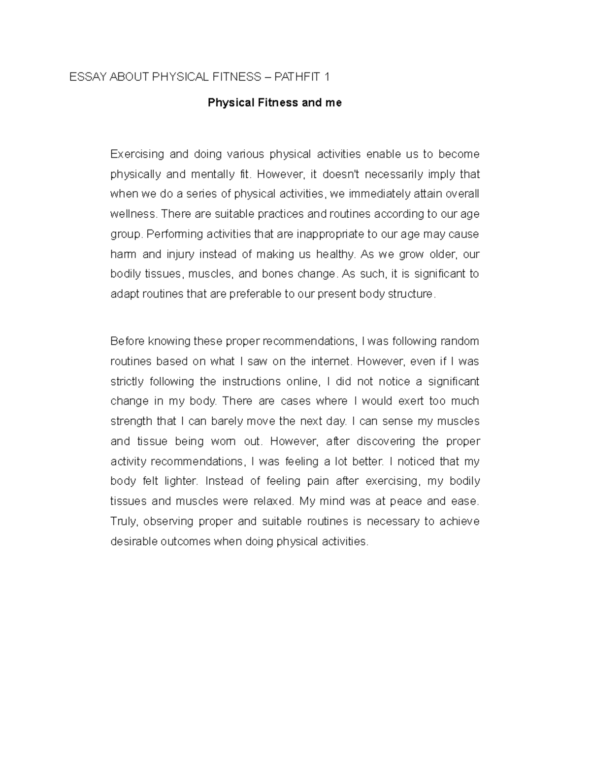 Physical Fitness and me - ESSAY ABOUT PHYSICAL FITNESS – PATHFIT 1 ...