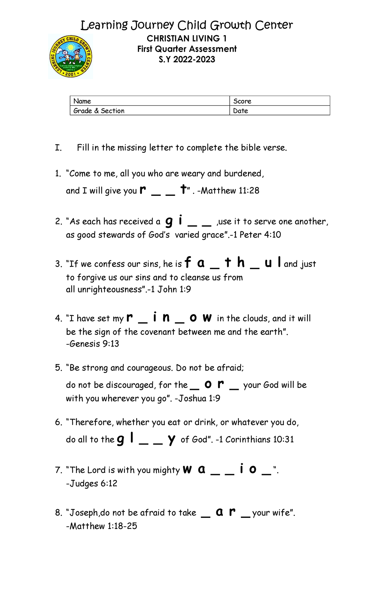 Christian Living 1: First Quarter Assessment Overview and Activities ...