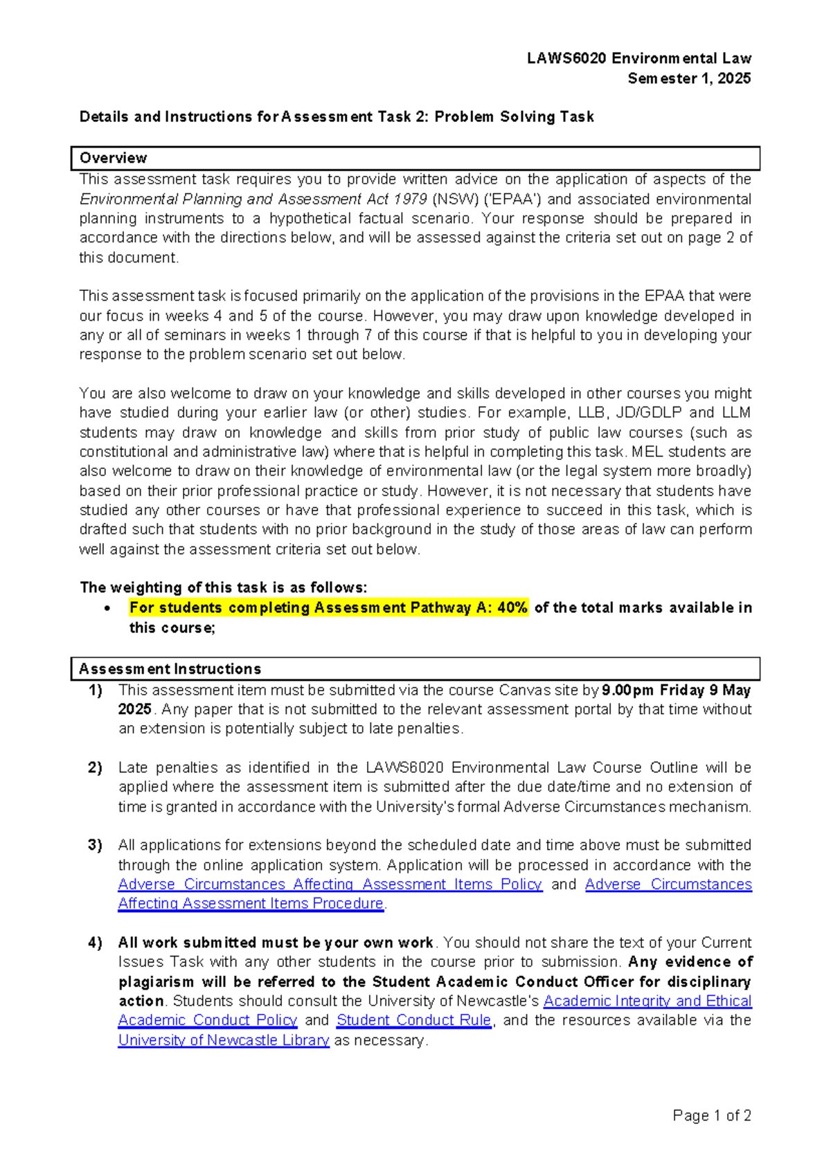LAWS6020 Environmental Law AT2: Problem Solving Task Overview for 2025 ...