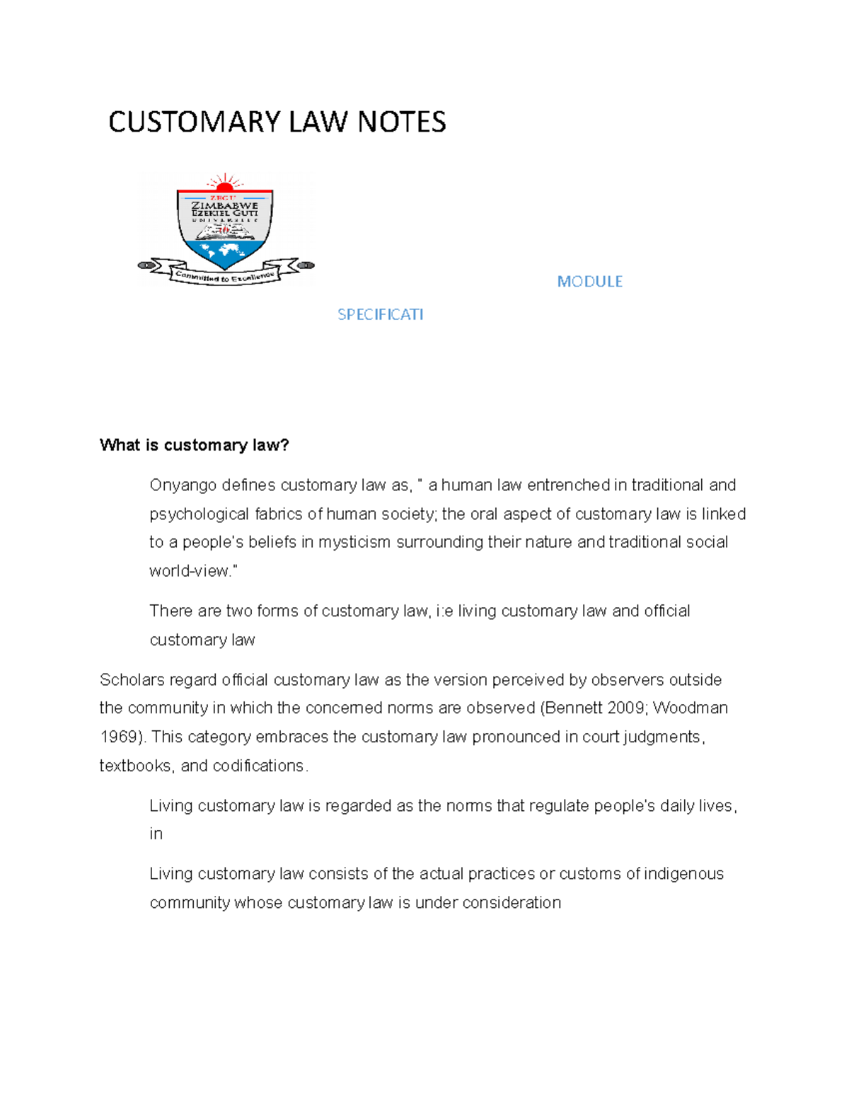 Customary Law Notes (LAW 201): Understanding Concepts and Changes - Studocu
