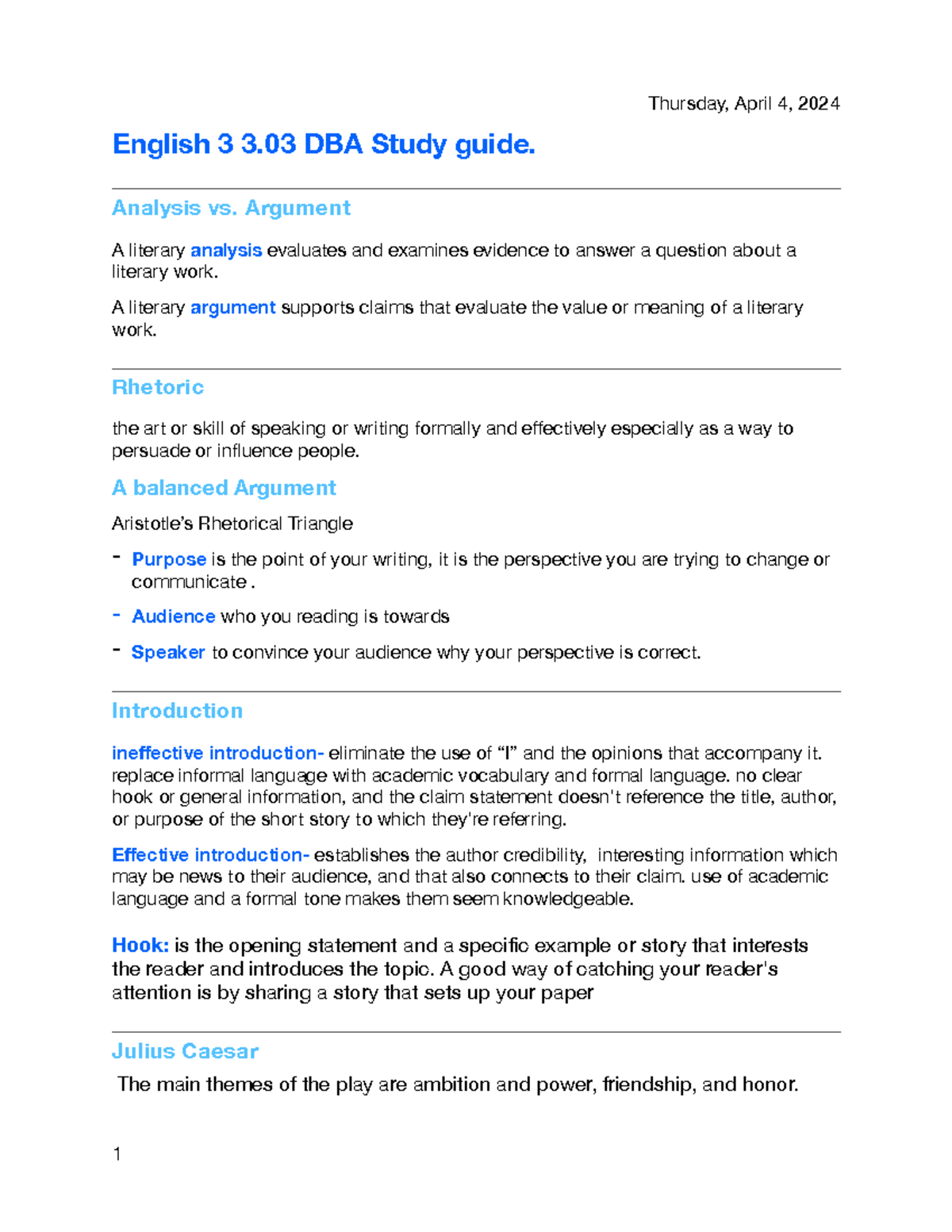English 3 3.03 DBA Study Guide: Analysis, Rhetoric, and Argumentation ...