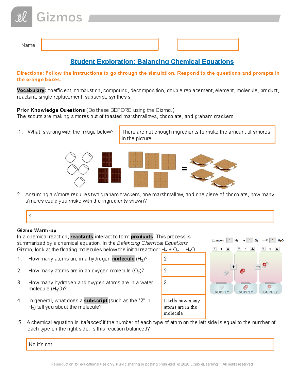 Balancing Chem Equations SE - Name: Student Exploration: Balancing ...