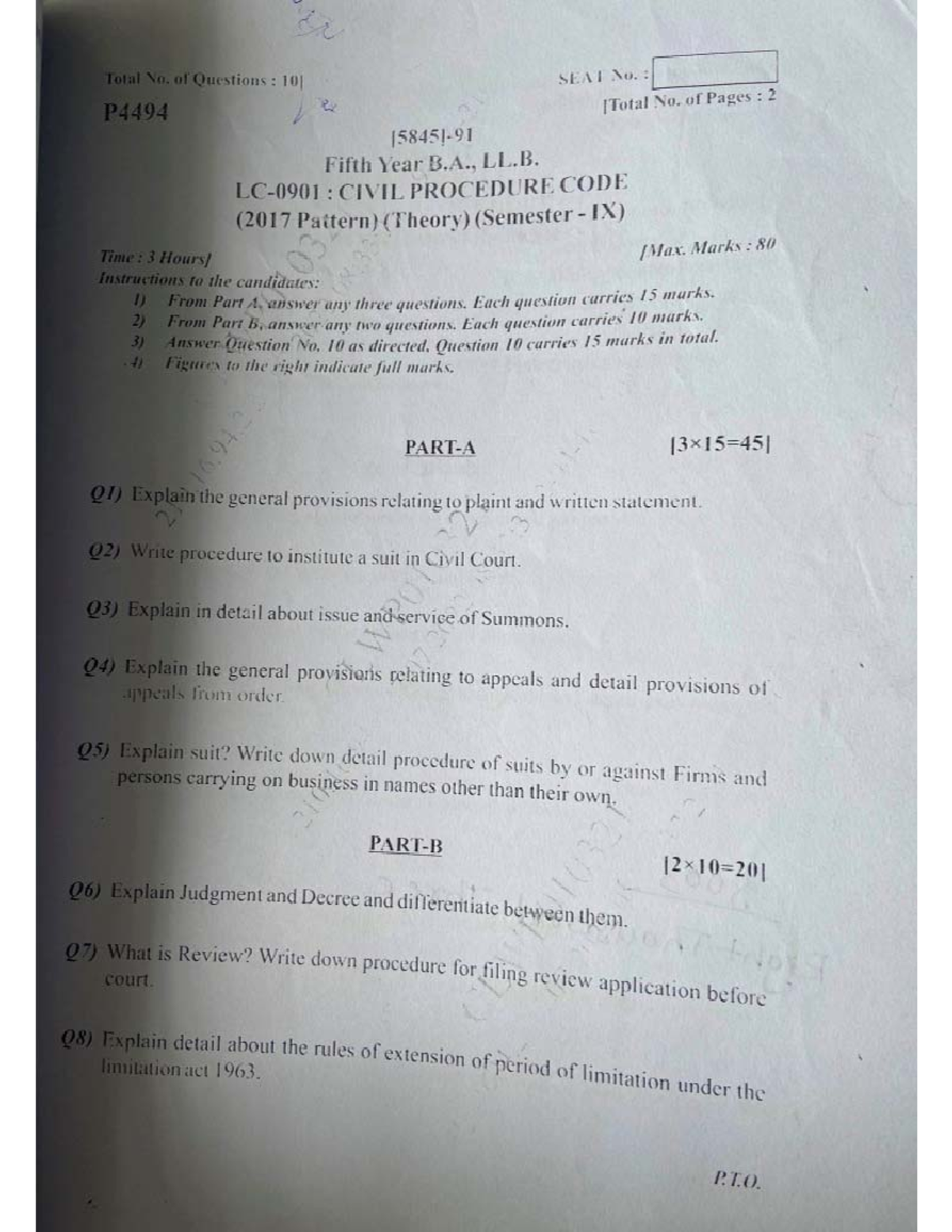 Previous Year Question Papers for CPC - LL.B. Semester V Exam - Studocu