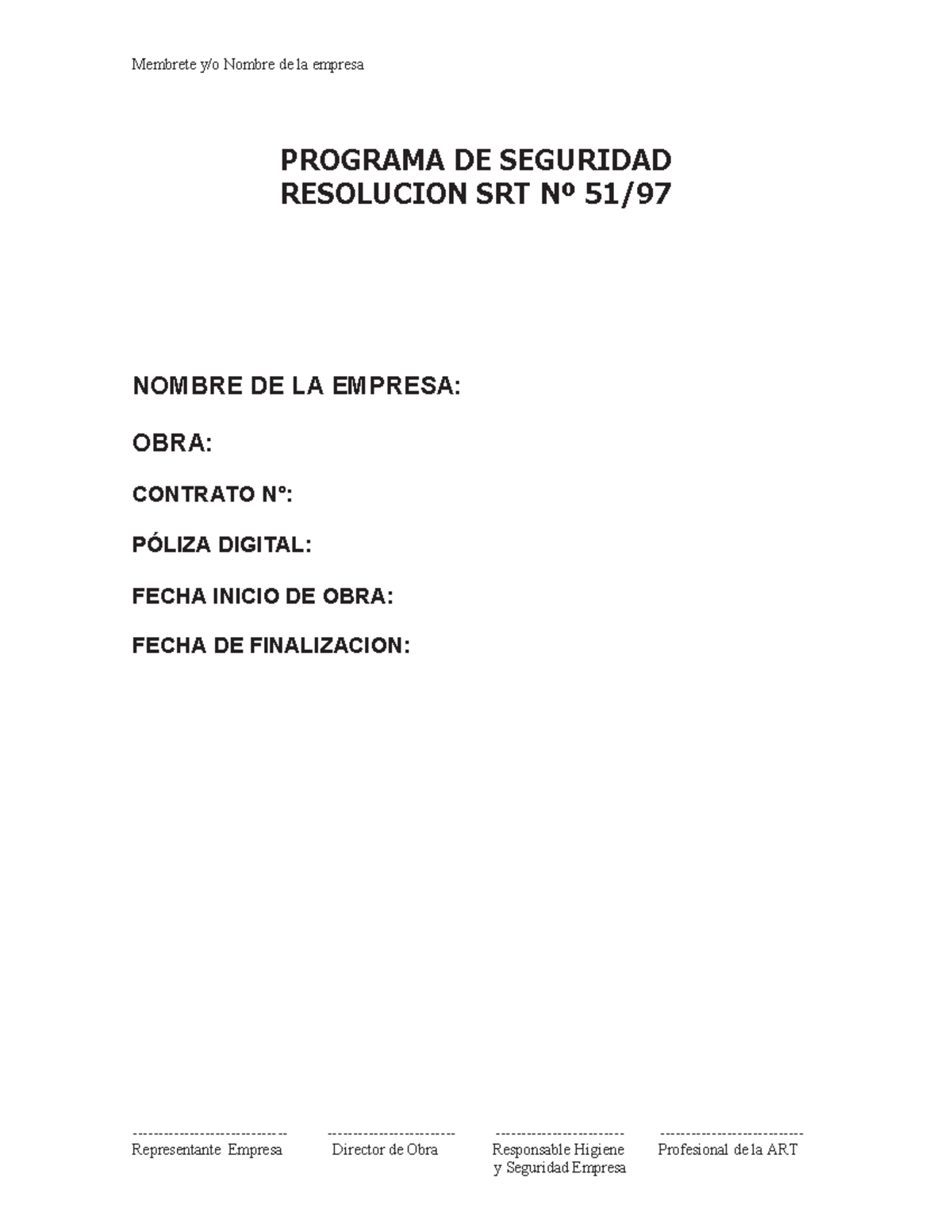 Programa de Seguridad según Resolución SRT Nº 51/97 - Studocu