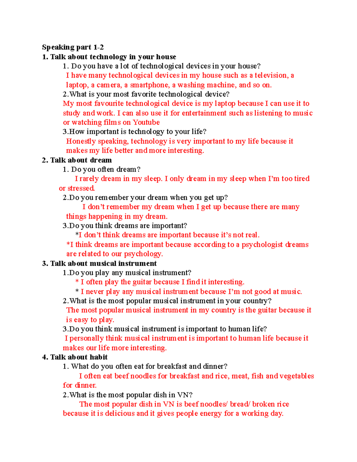 Speaking Part 1: Technology, Dreams, and Musical Instruments (ENG101 ...